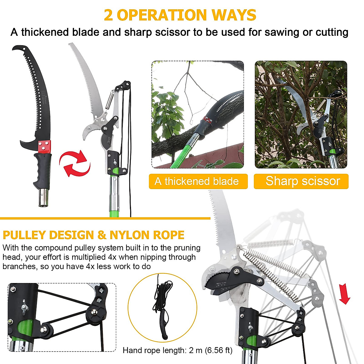 26 Feet Tree Pole Pruner Manual Branches Trimmer Tree Branch Garden Tools Loppers Hand Pole Saws Extendable Height Adustable System for Sawing and Shearing