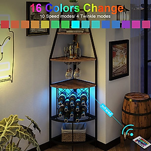 Espelism 5-Tier Corner Wine Rack with LED Light Floor Standing Wine Rack with Glass Holder and Bottles Wine Storage Home Bar Furniture for Kitchen Living Dining Room (Rustic Brown)