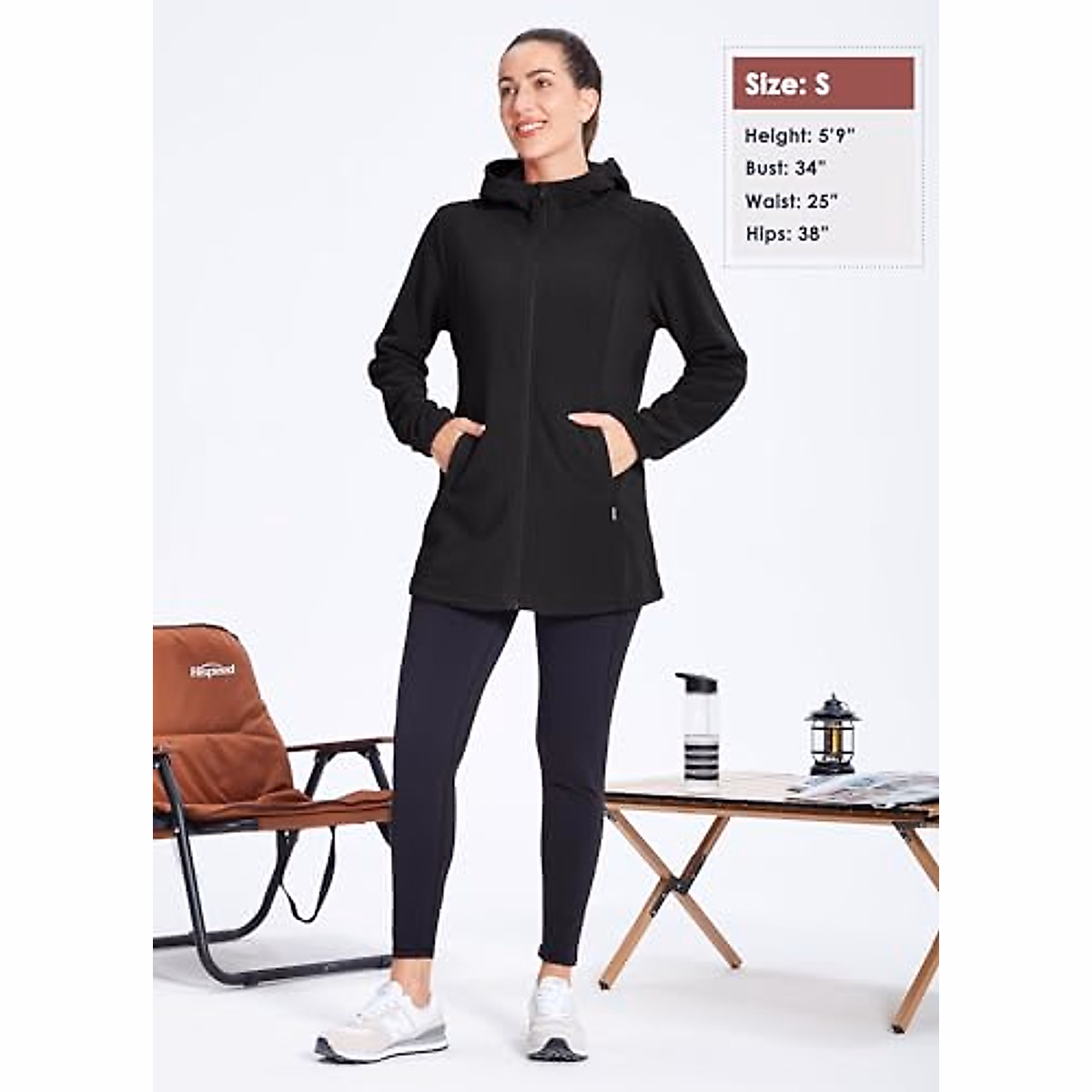 Willit Women's Long Fleece Jacket Full-Zip Thermal Fleece Hooded Jacket Lightweight Winter Coat Black L