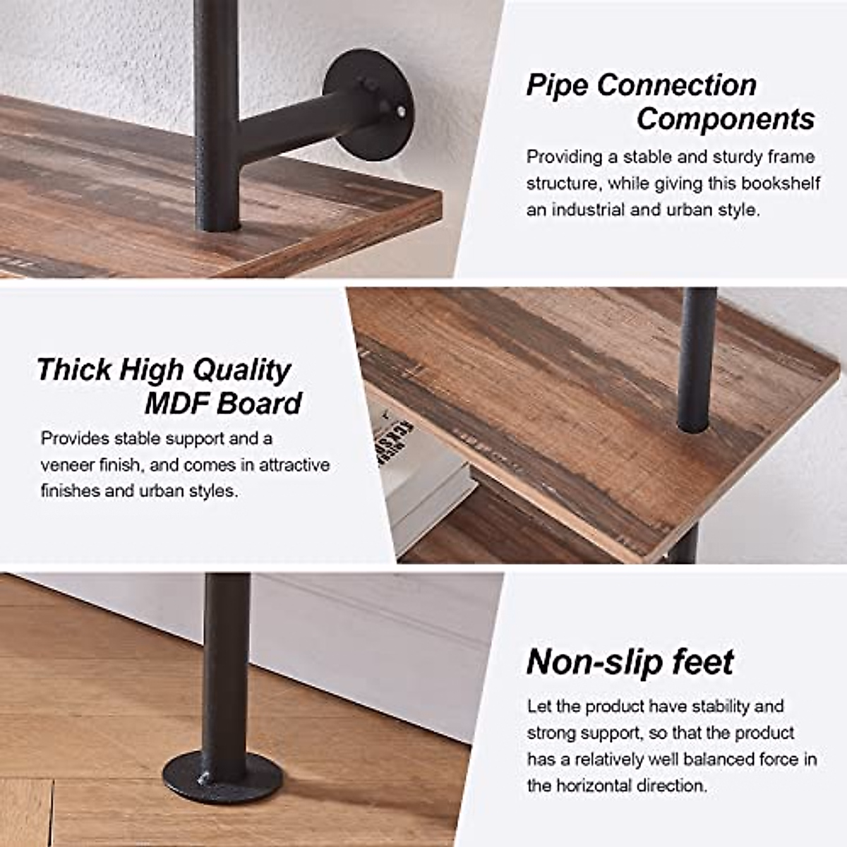 HOMISSUE Industrial Bookshelf 5-Tier Open Wall Mount Ladder Bookshelf, Modern Bookcase with Metal Frame and Wood for Home Office, Wall Mounted Industrial Iron Pipe Shelf, Oak Brown