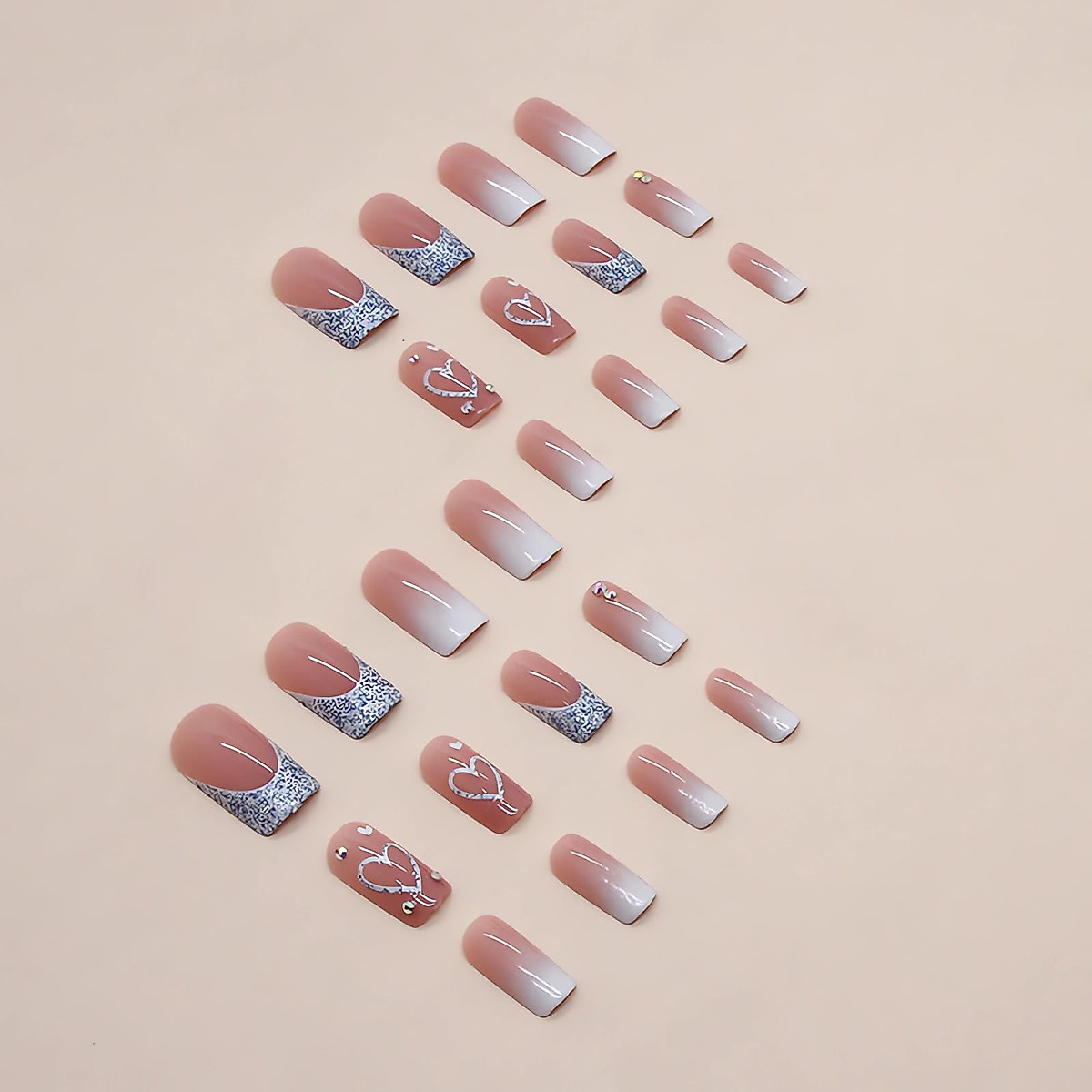 SINSEN Square Press on Nails Medium Length - French Tip Press on Nails Heart Deign, Glossy Pink Fake Nails with Adhesive Glue Stickers, Reusable Stick on Nails in 12 Sizes, 24 Pcs Medium French Nails