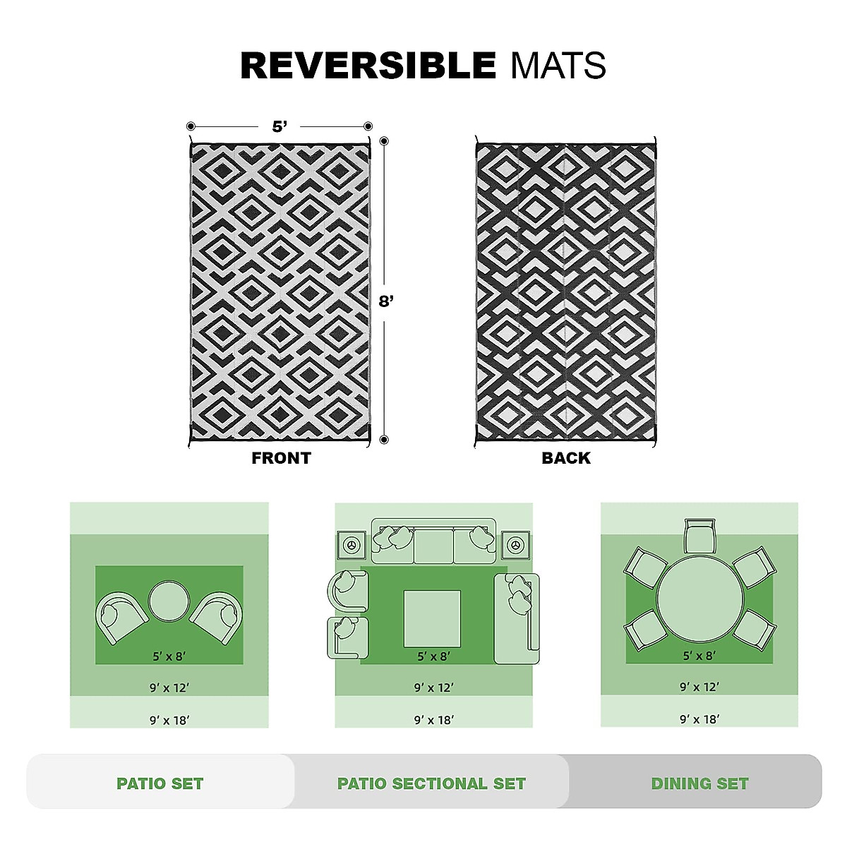 wikiwiki Outdoor Rug, 5x8ft Waterproof Reversible Mat Indoor Outdoor Rugs Carpet, Small Area Rug Plastic Straw Rug for Patio Deck Balcony Pool RV Camping Beach Picnic, Black