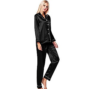 SWOMOG Womens Silk Satin Pajamas Long Sleeve Loungewear Two-piece Sleepwear Button-Down Pj Set Black