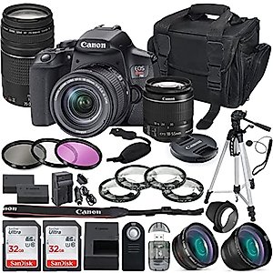 Canon EOS Rebel T8i DSLR Camera with 18-55mm & 75-300mm Lens Bundle + 2X 32GB Sandisk Memory + Accessory Bundle Including Auxiliary Lenses, Tripod, Camera case, Filters, Close Ups & More