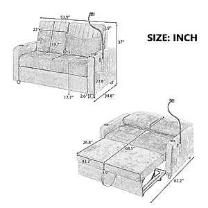 3 in 1 Convertible Sleeper Sofa Bed, Modern Chenille Loveseat Pull Out Couch Bed with Cup Holder & USB Port, Phone Holder and Adjustable Backrest, Loveseat Lounge for Living Room Office (Teal/)