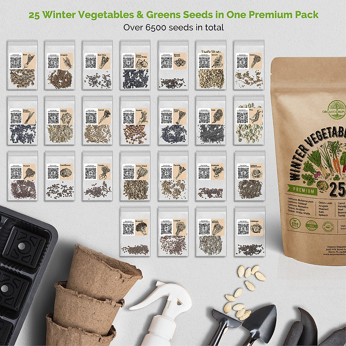 Organo Republic 25 Winter Vegetable Garden Seeds Variety Pack for Outdoors & Indoor Home Gardening 6500+ Non-GMO Heirloom Seeds: Broccoli Beet Carrot Collard Lettuce Radish Spinach Pea Kohlrabi