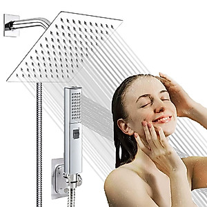 High Pressure Square Rain Shower Head with Handheld Spray Combo, Equipped with 78" Stainless Steel Hose, 3 Way Diverter Valve, Adhesive Shower Head Holder, Dual Shower Head Set, Chrome,AWAXFOLO