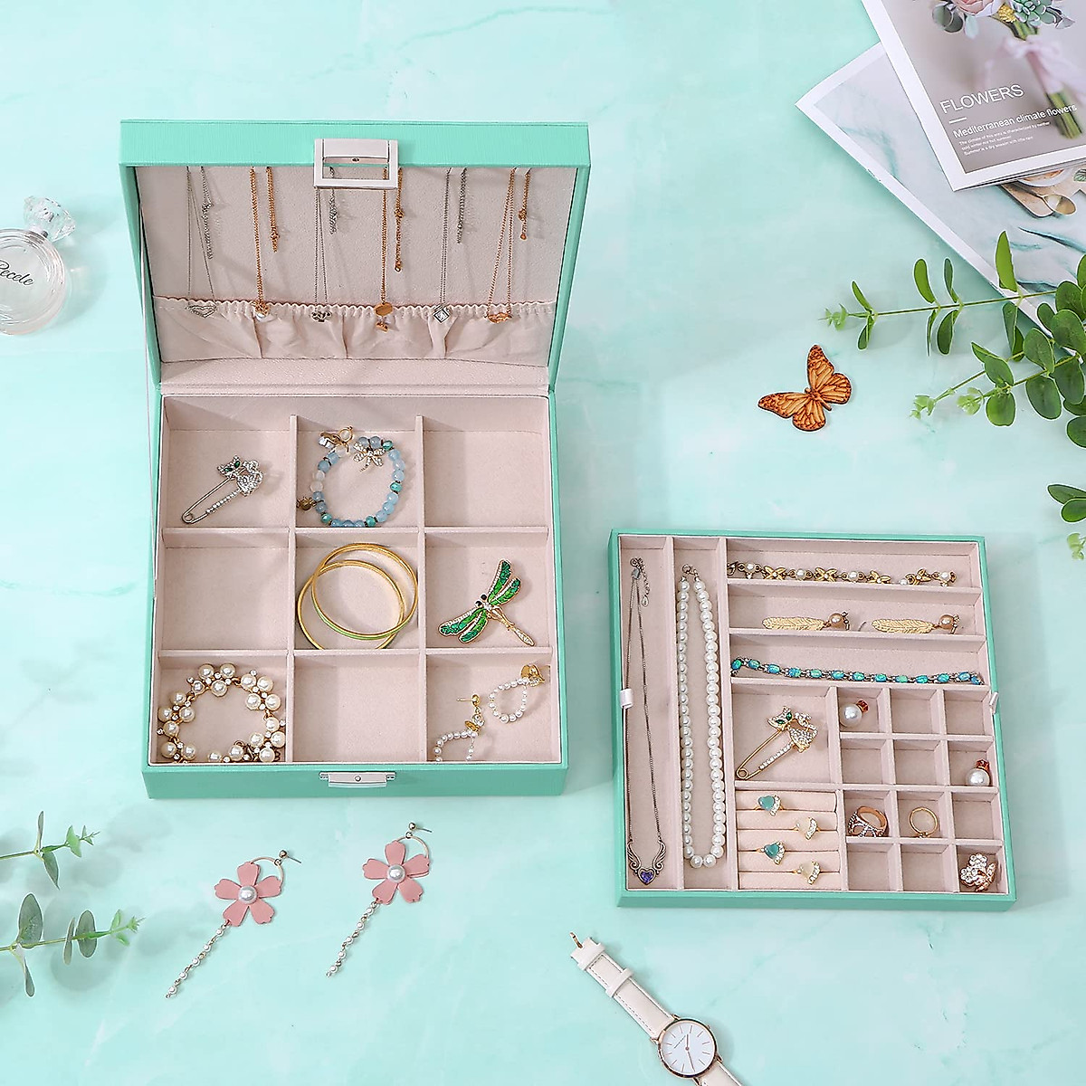 BEWISHOME Jewelry Box Gifts for Girls Women Jewelry Organizer Box 2 Layers Velvet Jewelry Boxes with Necklace Hooks, PU Leather Jewelry Storage Case for Rings, Earrings, Bracelets Cyan SSH71Q