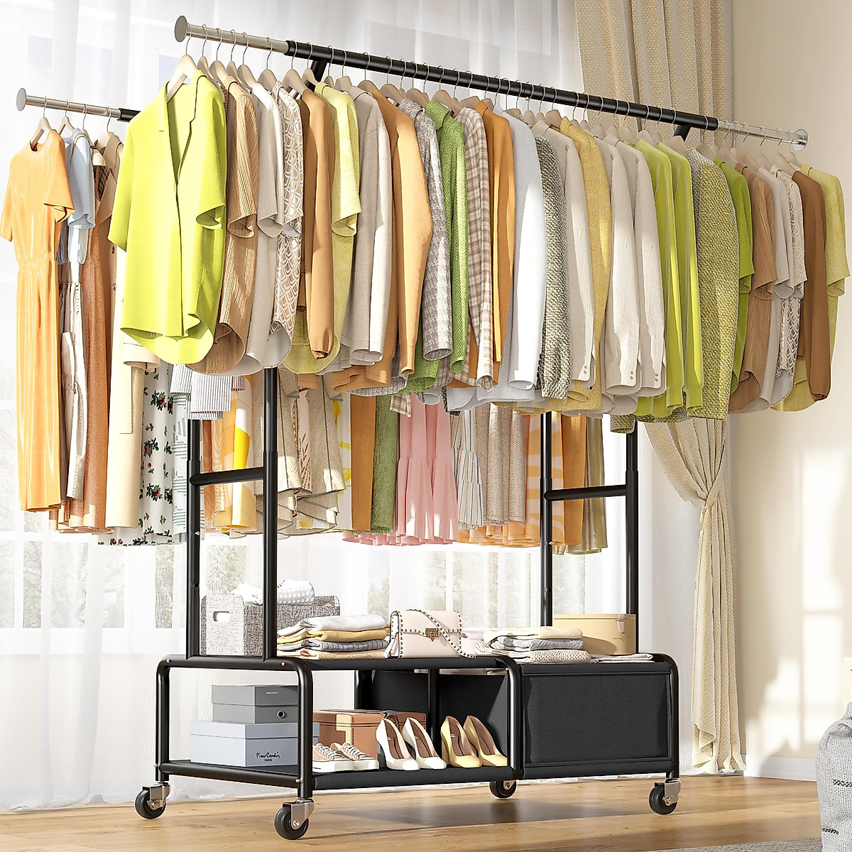 Raybee Clothes Racks for Hanging Clothes with Shelves, Adjustable Clothing Rack with Lockable Wheels, Multi-Functional Closet Rack For Bedroom, Heavy Duty Garment Racks for Hanging 220+ Clothes