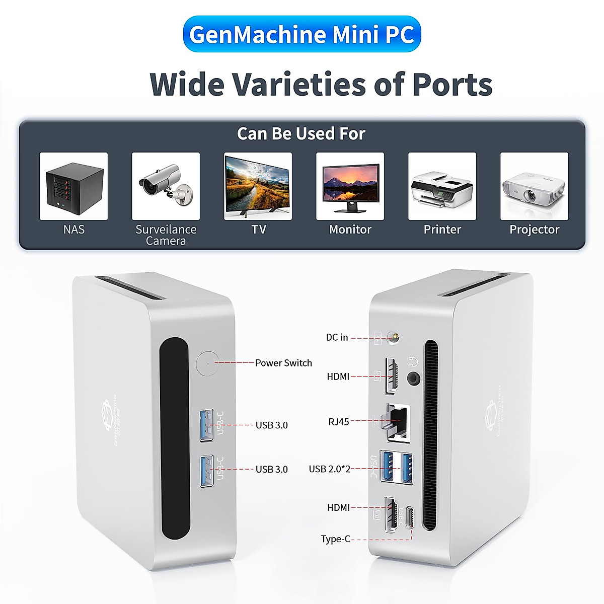GenMachine Mini PC, Gaming Desktop Computer with AMD Ryzen 5 5500U, 6C/12T, 16G DDR4+512GB M.2 NVMe SSD, 1000Mbps, WiFi 6, BT 5.2, Dual HDMI, Type-C, Win11 Pro
