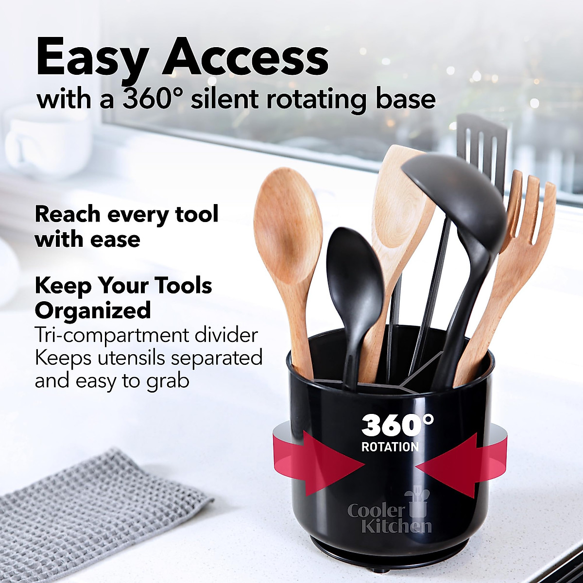 Rotating Extra Large Utensil Holder Crock with No-Tip Weighted Base, Removable Divider, And Gripped Insert - Dishwasher Safe Kitchen Utensil Holder For Kitchen Counter: Cooking Black Utensil Caddy