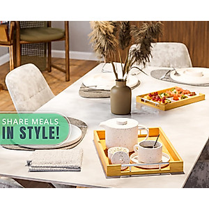 Set of 2 Decorative Serving Trays - Bamboo + Silver Stainless Steel Handles - Coffee Table or Ottoman Tray for Breakfast in Bed Jewelry, Decor Organization - 12"x17" - Pure Bamboo Finish