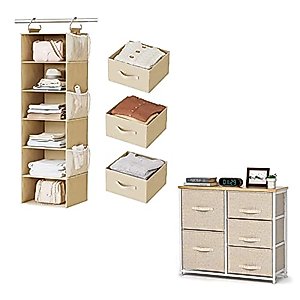 Pipishell Hanging Closet Organizer 6-Shelf, Hanging Shelves for Closet with 3 Removable Drawers & Side Pockets, Hanging Shelf Organizer for Bedroom or Garment Rack, 12'' x 12'' x 43.3'', Beige