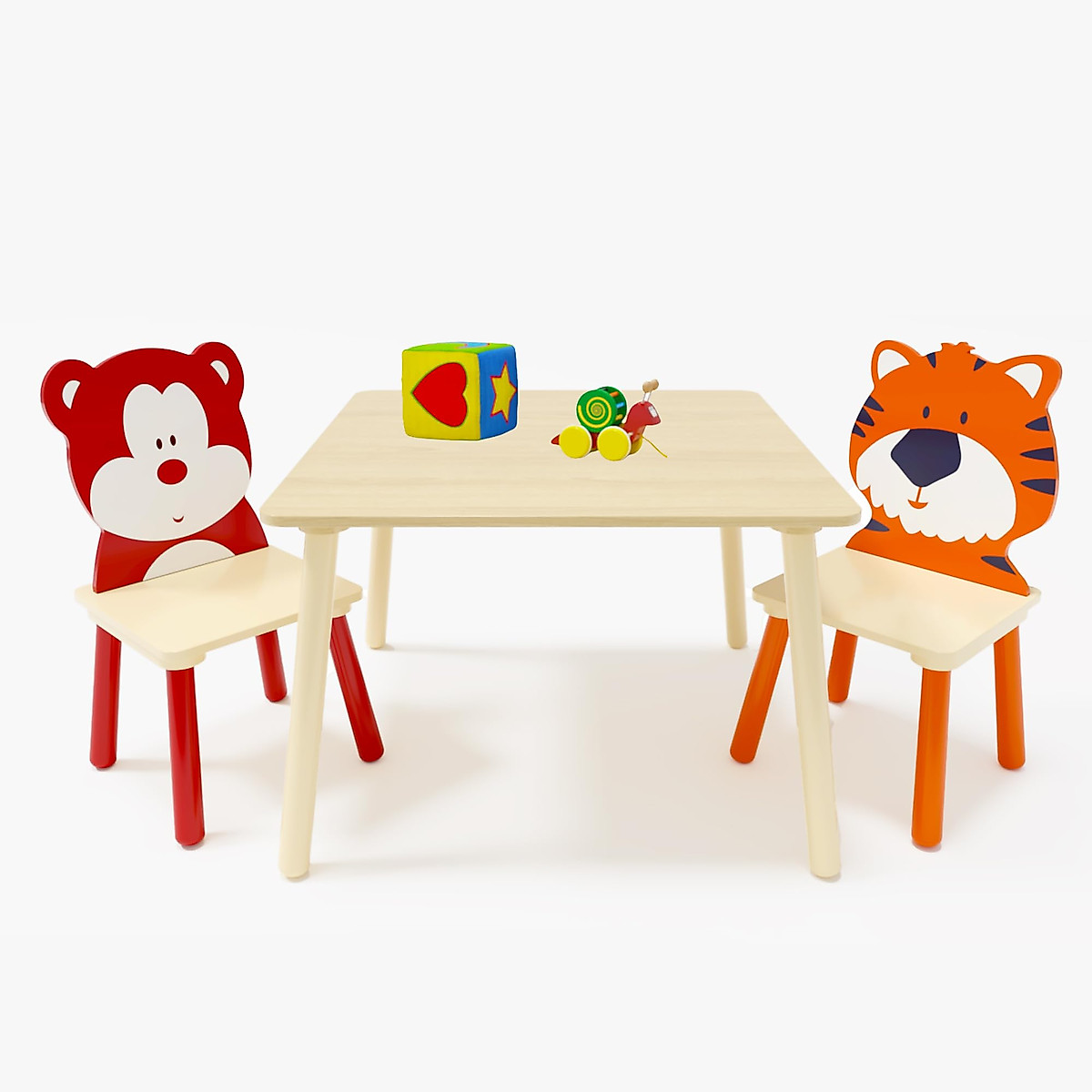 Zacis Kids Table and Chair Set, Wooden Toddler Table Set with 2 Chairs, Children Adorably Animal Activity Table for Reading, Drawing, Eating, Studying, Parent-Child Interaction Activity Play