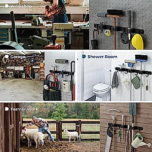 Damita Mop Broom Holder Wall Mount, 3 Racks 4 Hooks Mop Hanger Wall Mount for Kitchen Garage Garden Tool Organization - 304 Stainless Steel Non-slip Broom Organizer Wall Mount (1 Pack, Black)