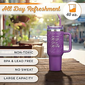Christian Art Gifts Extra Large Inspirational Scripture Engraved Insulated Stainless Steel Travel Tumbler for Women: Mercies Are New Twist Dial Lid, Reusable Straw & Silicone Tip, Purple Floral, 40 oz
