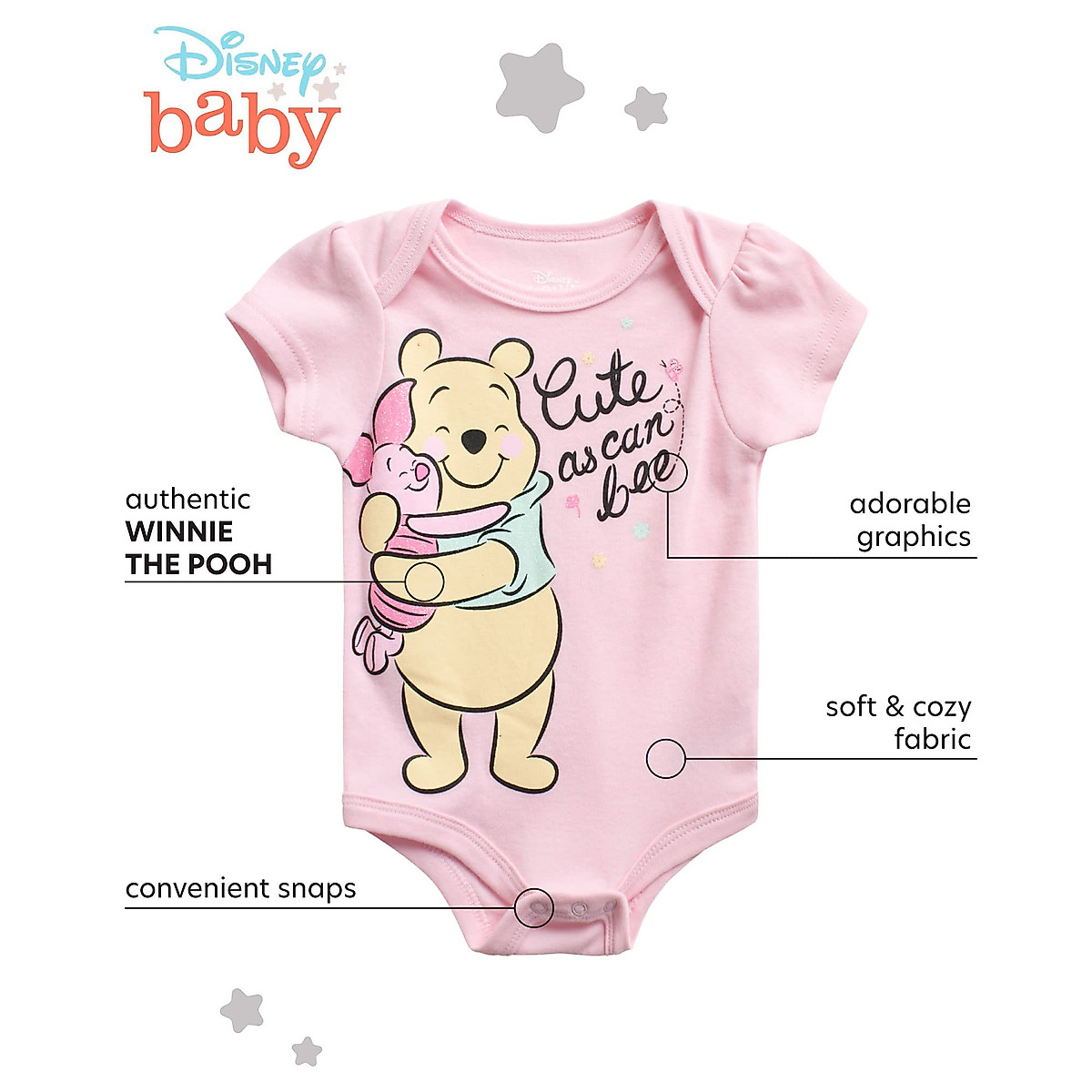 Disney Baby Girls? Minnie Mouse Bodysuit ? 3 Pack Romper: Easy Diaper Change, Size 0-3M, Pooh Bear Pink/Green