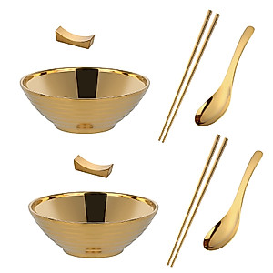 Buyer Star Ramen Bowl Set of 8, 8 inch Noodle Bowl Japanese Style Soup Bowls Set with Chopsticks, Ladle Spoons Set and Large Bowl for Noodles (Gold)