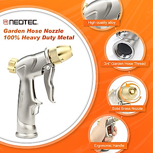 NEOTEC Upgrade 100% Heavy Duty Metal Garden Hose Nozzle，High Pressure Water Hose Nozzle with 4 Spray Patterns Rotating for Outdoor Lawn & Garden Watering, Car & Pet Washing