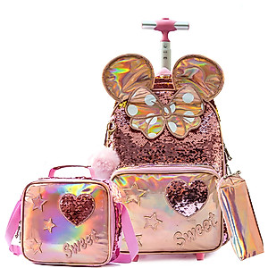 Rolling Backpack for Girls School Backpack with Lunch Box for Elementary Student Wheels Roller Trolley Luggage