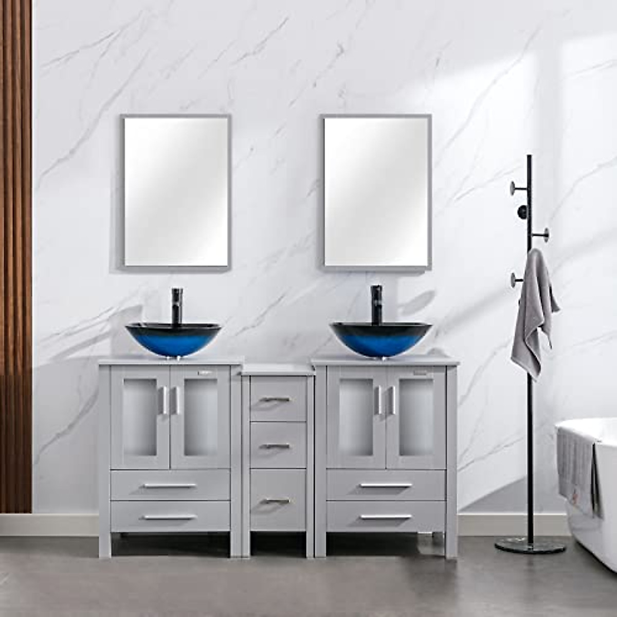 eclife 60” Bathroom Vanity Sink Combo Grey W/Side Cabinet Set Ocean Blue Square Tempered Glass Vessel Sink & ORB Water Save Faucet & Solid Brass Pop Up Drain, W/Mirrors (A04 B02G)
