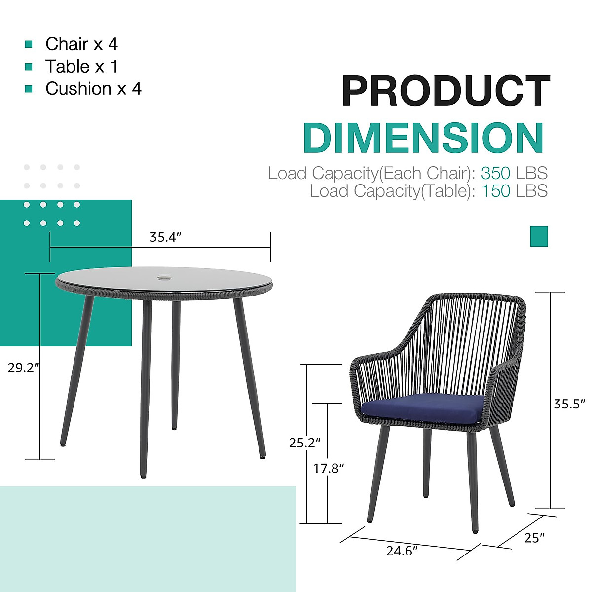 Patiorama 5-Piece Patio Dining Set, Outdoor Dining Table Chair Set, All-Weather Twisted Rattan Wicker Rope Conversation Set, Patio Furniture Set w/Umbrella Hole, 4 Cushioned Chairs&Glass Table(Blue)