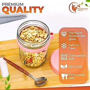 Overnight Oats Containers with Lids, Glass Jars with Lids, Set of 4 Glass Jars with Lids, Leak Proof, Meal Prep Jars, Container for Oats, Salad, and Fruit