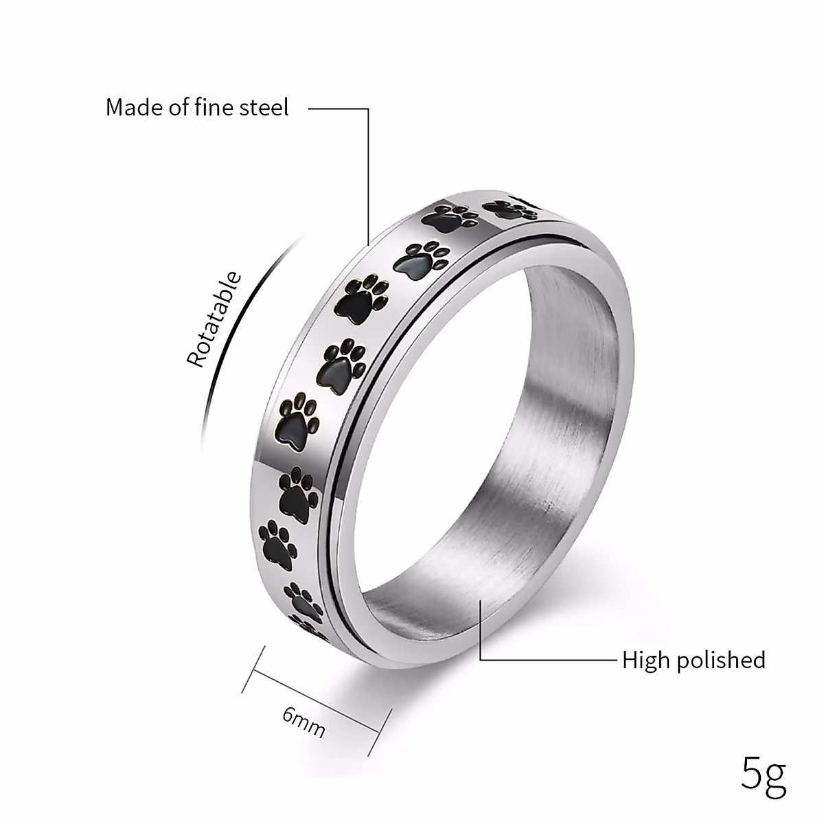 6mm Dog Paw Prints Spinner Ring,Stainless Steel Fidget Anxiety Worry Relieving Boredom Autism Band Fashion Animal Spins Rings for Men Women Girls