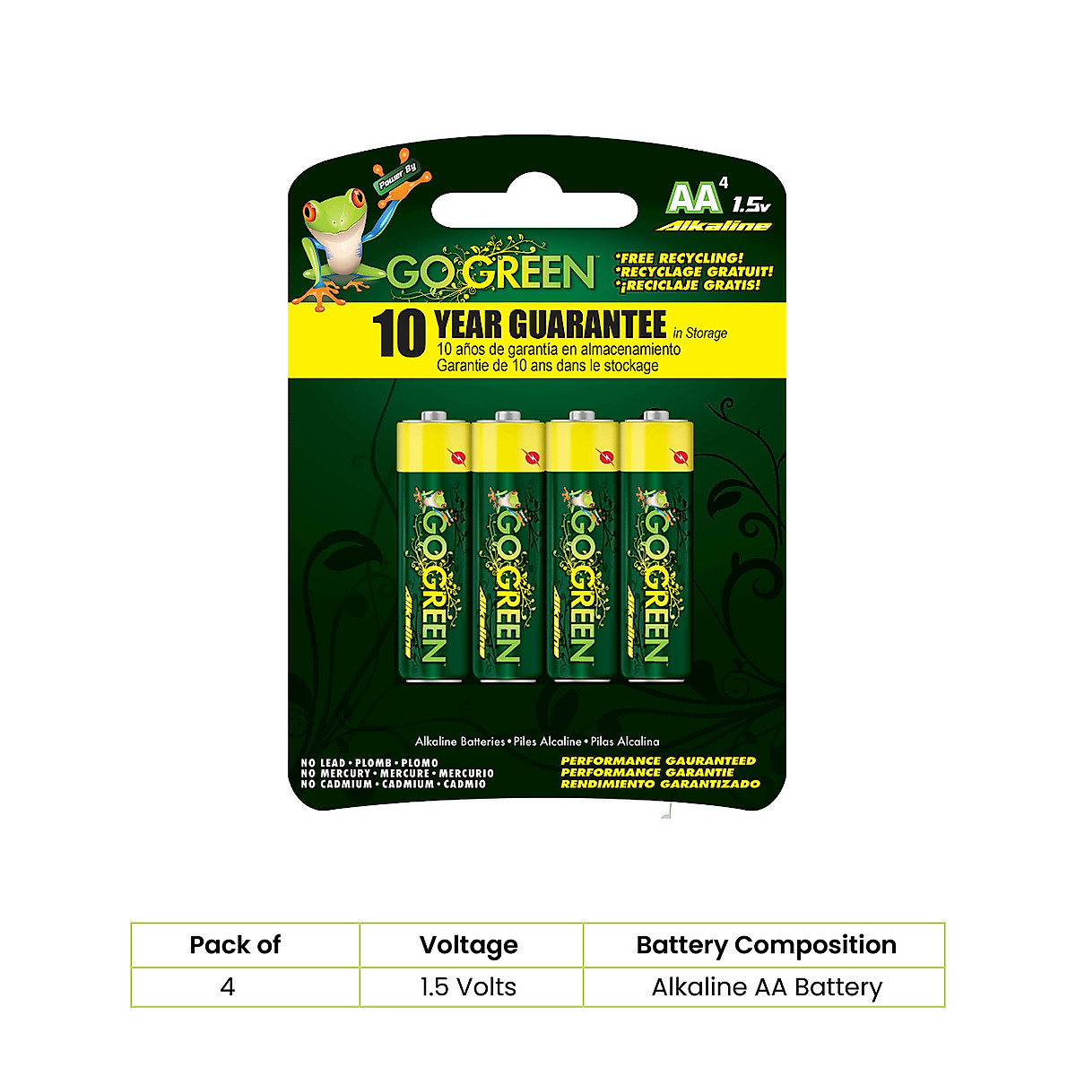 GoGreen Power (24001) Eco Friendly Alkaline AA Batteries - No Lead, Cadmium or Mercury - Pack of 4