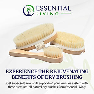 Essential Living: 3-Piece Dry Brushing Spa Kit - 1 Face Brush, 2 Body Scrub Brushes and a Cotton Bag - Body and Skin Care for Exfoliation, Blood Circulation and Lymphatic System Stimulation Support