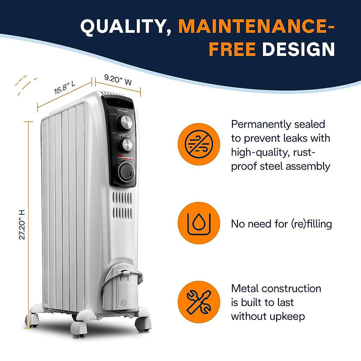 De'Longhi Dragon Oil Filled Radiator Heater, 1500W Electric Space Heater for indoor use, portable room heater, programmable timer, full room heater with safety features, TRD40615T