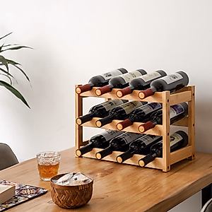 VASMIA Bamboo Wine Rack, Sturdy and Durable Wine Storage Cabinet Shelf, Wine Racks Countertop for Pantry,Kitchen,3-Tier 12 Bottles Wine Rack Natural