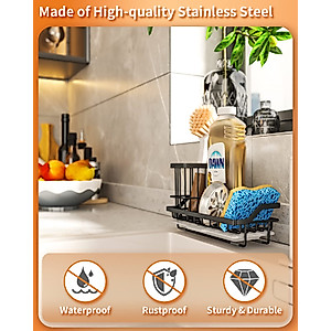 SWTYMIKI Sink Caddy Sponge Holder - Kitchen Sink Organizer with High Brush Holder for Countertop by the Sink Holding Dish Soaps and Sponges, Stainless Steel, Black