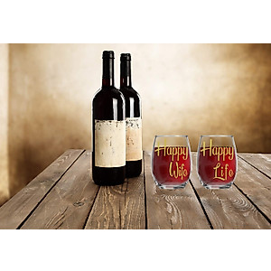 Happy Wife, Happy Life - 15oz Crystal Wine Glasses - Couples Stemless Wine Glasses – His And Hers Gifts Ideas For Anniversary, Weddings, Bridal Showers