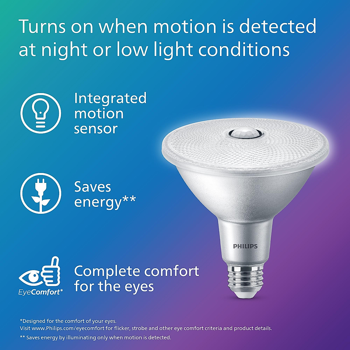 PHILIPS PAR38 Motion Sense LED Light Bulb - Flicker-Free Frosted Non-Dimmable Bulb with EyeComfort Technology - 120W Light Bulb with E26 Base - 2 Pack
