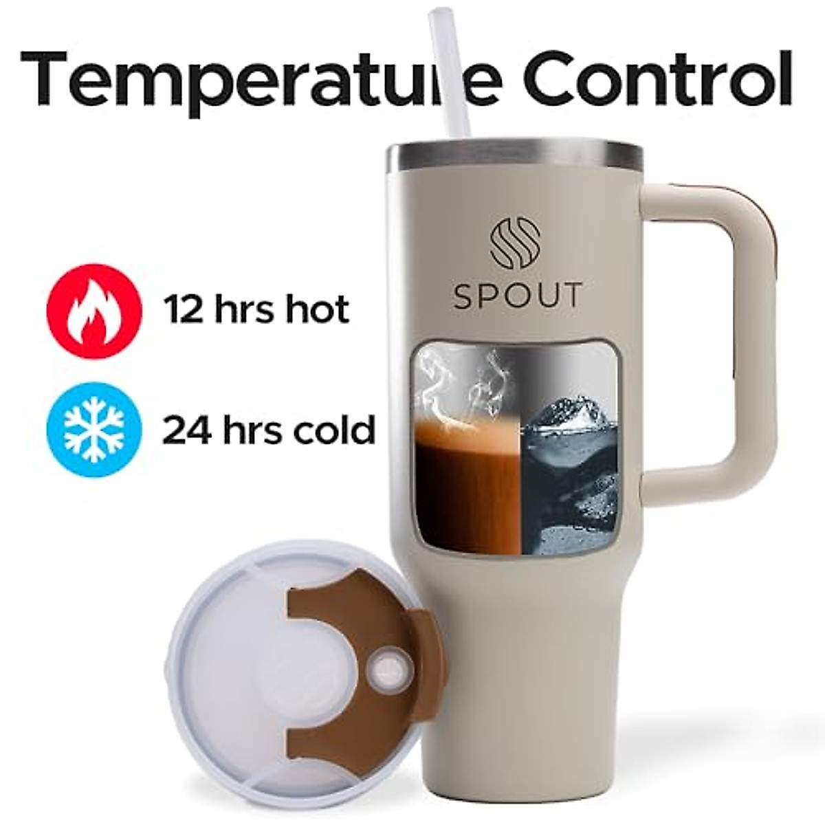 SPOUT 40 oz Tumbler With Handle And Straw, Insulated Stainless Steel Water Bottle With Straw - Travel Mug | BPA Safe Tumblers | Iced Drinks, Water, Cold/Hot Coffee - Cupholder Friendly - Cream