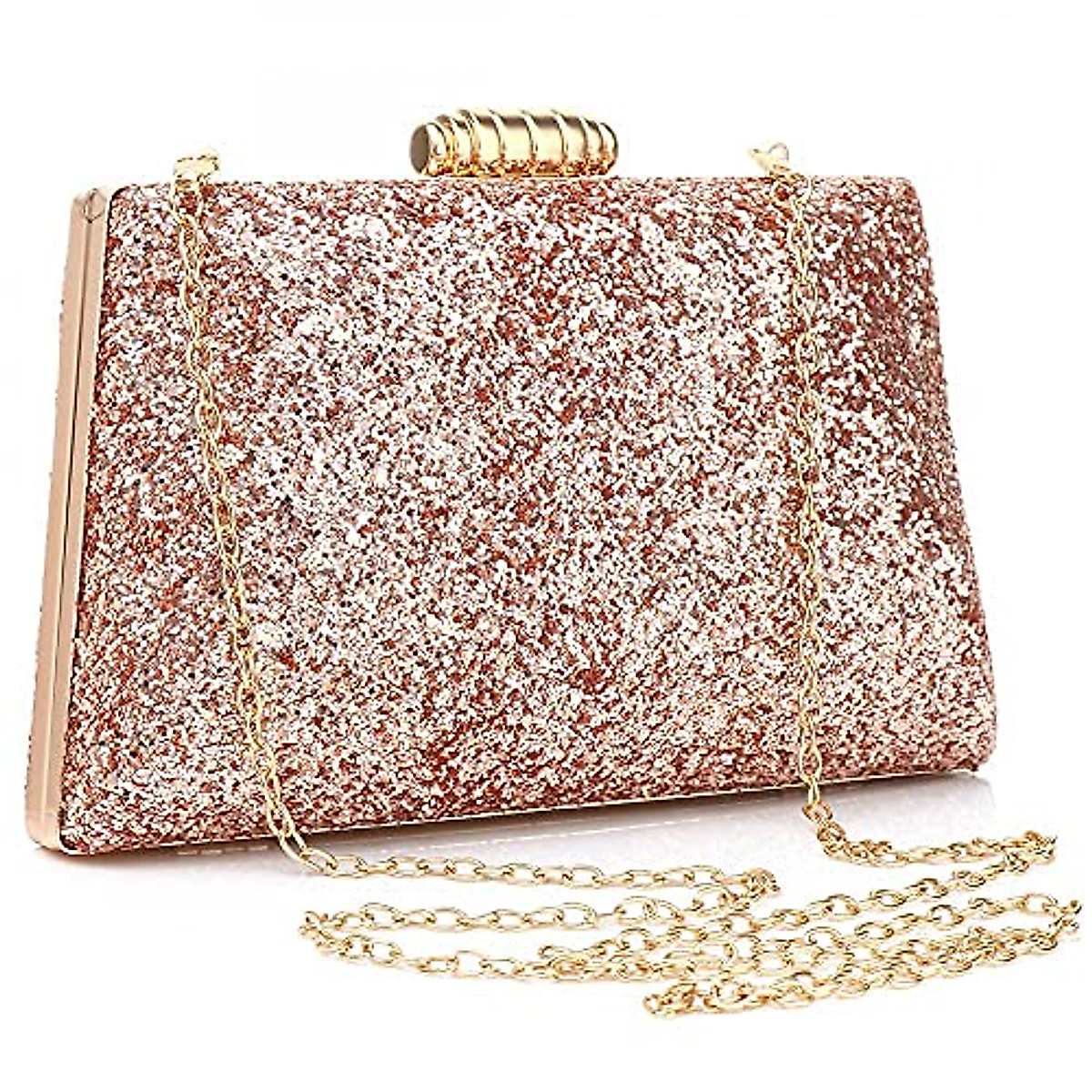 Sparkling Evening Bag Glitter Evening Handbag Party Clutch Shoulder Bag with Removable Chain (Rose gold)