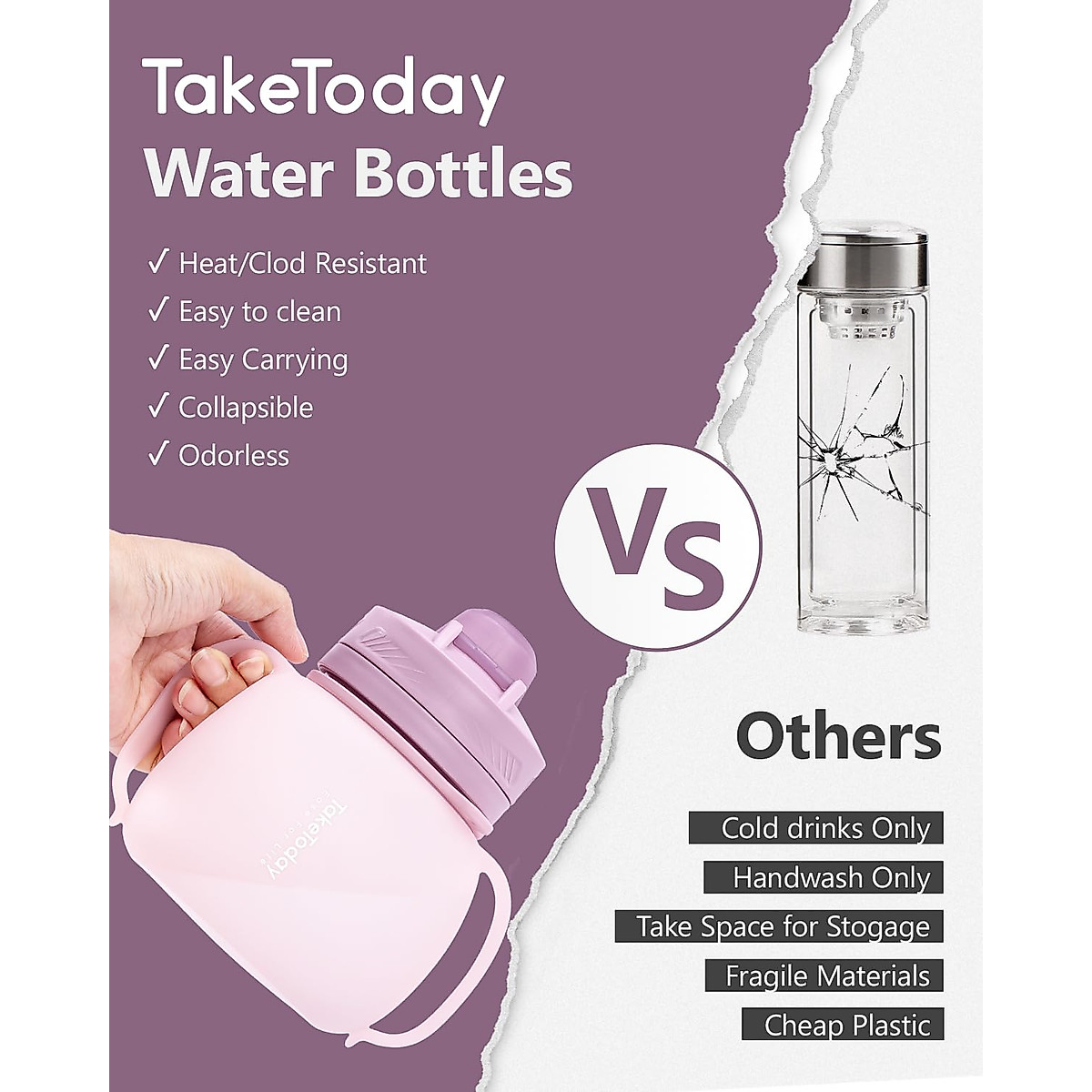 TakeToday Kids Water Bottle for School, Silicone Collapsible Water Bottle, 20 OZ Travel Water Bottle with Straw and Strap, BPA-Free Reusable Leakproof, Purple