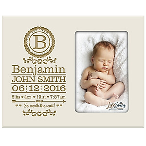 LifeSong Milestones Personalized New Baby Birth Announcement Monogram Picture Frame for Newborn Boys and Girls Custom Engraved Photo Frame for New mom and dad Parents and Grandparents (Ivory)