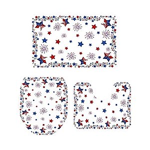 Wotrend 4th of July 3 Piece Bath Rugs Set Fireworks Patriotic Stars Farmhouse Bathroom Mats Absorbent Contour Soft Mat Toilet Lid Cover Bathroom Decor Set, 20"x32"+16"x18"+16"x20"