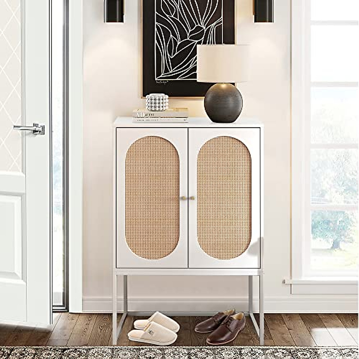 AWQM Natural Rattan 2 Door High Cabinet,Sideboard Buffet Cupboard Accent Cabinet,Adjustable Shelves,Free Standing Bookmatch,Easy Assembly,26.77" L x 15.75" W x 41.34" H,White