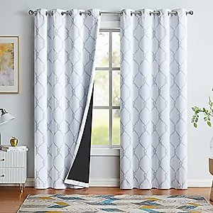 Geomoroccan Full Blackout Curtains 63 inch Length 2 Panels Set,Knot Printed Decorative Suitable for Living Room and Bedroom,Grommet Top Thermal Insulated Drapes （50" x 63",White & Grey）