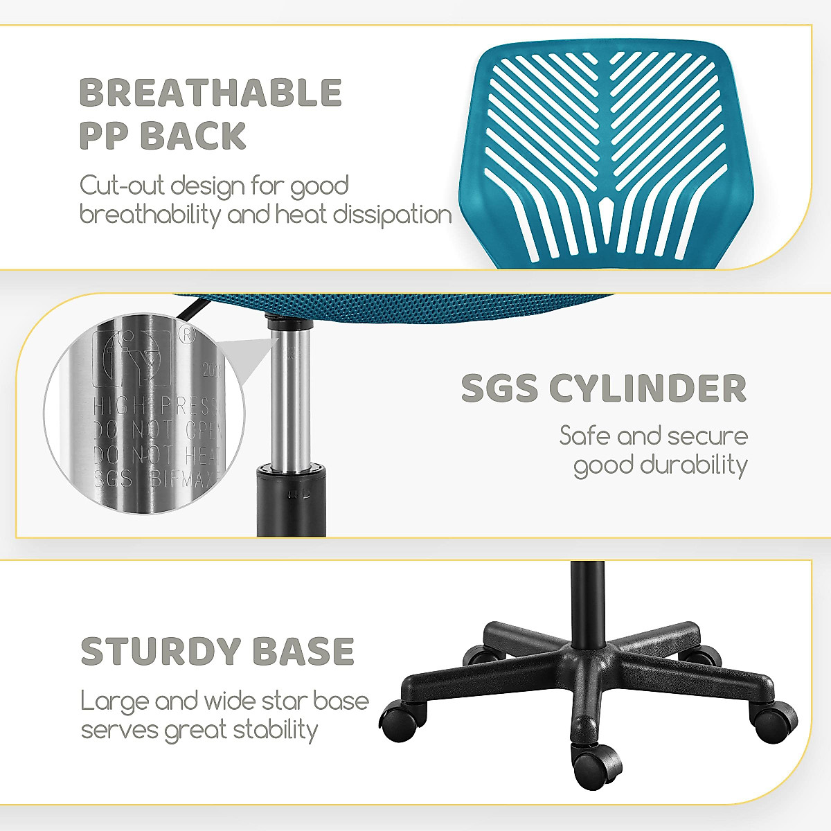 Yaheetech Students Cute Desk Chair Low-Back Armless Study Chair w/Lumbar Support Adjustable Swivel Chair in Home Bedroom School, Turquoise