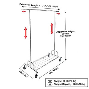 ALBOMI Adjustable Commercial Clothes Rack Heavy Duty On Lockable Wheels, Large Portable Clothing Rack For Hanging Clothes, Rolling Garment Racks With 1 Rod & Shelf For Entryway Bedroom Balcony