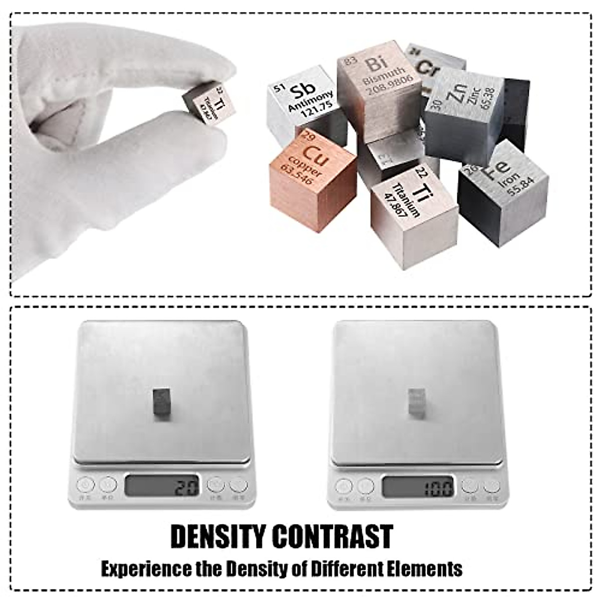 9 Pieces Element Cube Set 10mm Density Cubes Periodic Table Pure Metal Cube Zinc Copper Bismuth Chromium Aluminum Antimony Iron Carbon Titanium for Element Collections Material Hobbies