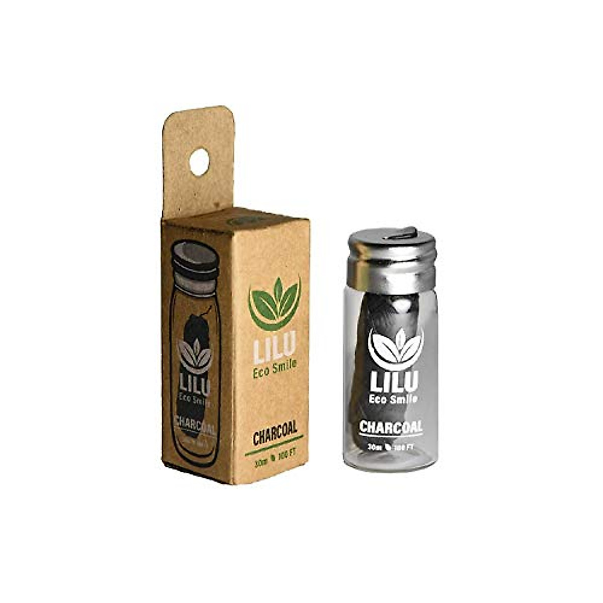 Organic Vegan Bamboo Charcoal Dental Floss in Reusable Glass Bottle | with Tea Tree and Peppermint Essential Oils | 100ft 33m Naturally Waxed | Eco-Friendly Zero Waste