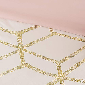 Comfort Spaces Vivian Comforter Set Ultra Soft All Season Lightweight Modern Geometric Glam Metallic Print Bedding, Matching Sham, Decorative Pillow, Full/Queen, Geometric Blush/Gold
