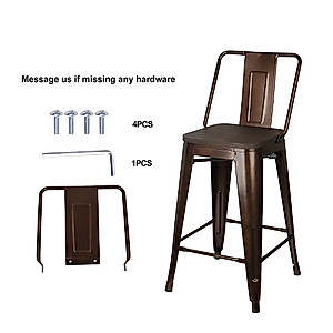 LEEJAY Commercial Grade Indoor Metal Bar Stools Set of 4, 24 Inch High Back, Gun Gray Counter Height Patio Barstools with Black Padded Cushion, 12"x12" Seat, Extra Durable and Stackable, Easy Assembly