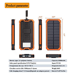 Solar Charger Power Bank, 15,000mAh External Battery Pack with Dual USB Ports and 6 LED Strong Light Flashlight，for iPhone, Smartphones, Tablets, Digital Cameras and More.