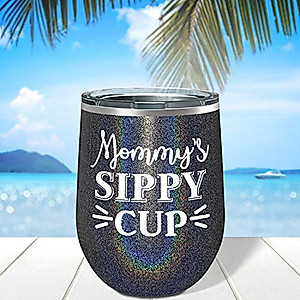 Mommy's Sippy Cup Wine Tumbler Black Glitter 12 oz Stainless Steel Stemless Glass with Lid for Mother's Day, Birthday, Christmas Gift for Mom